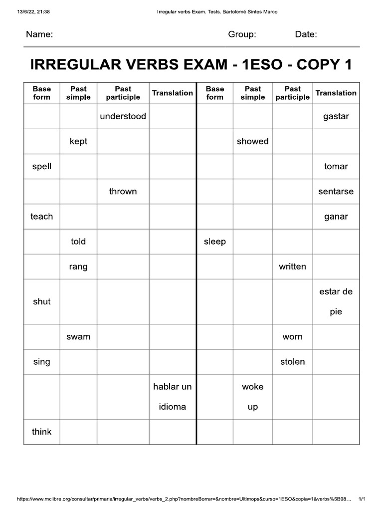 Irregular Verbs Exam. Tests | PDF