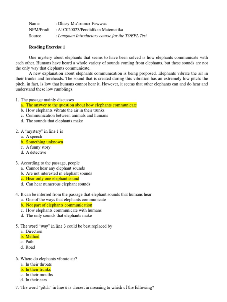 Reading Exercise 1 | PDF | Sound | Elephant