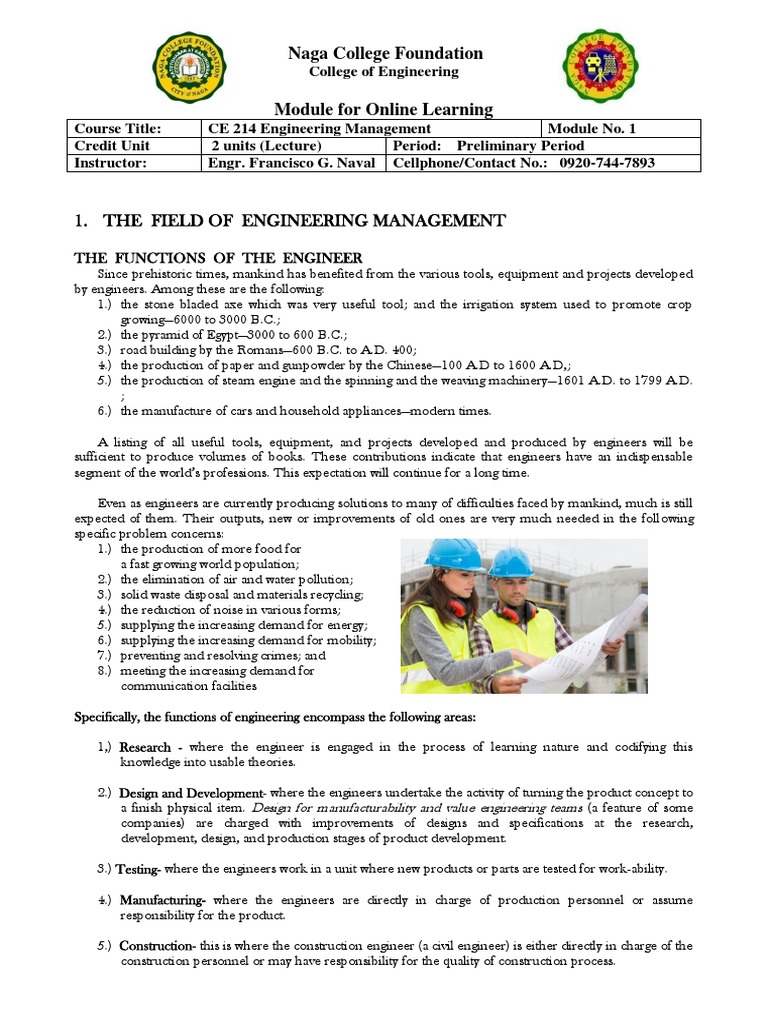 2 Module No. 1 the Field of Engineering Management | PDF | Engineer | Motivation