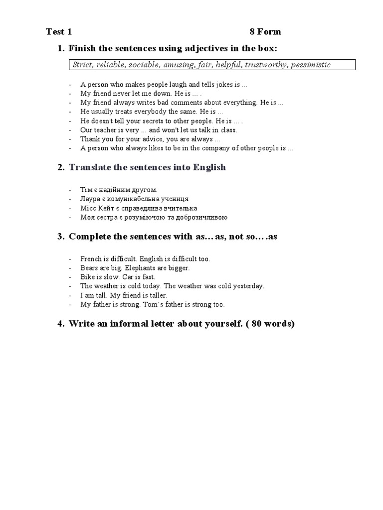 Test 1 8 Form 1. Finish The Sentences Using Adjectives in The Box | PDF ...