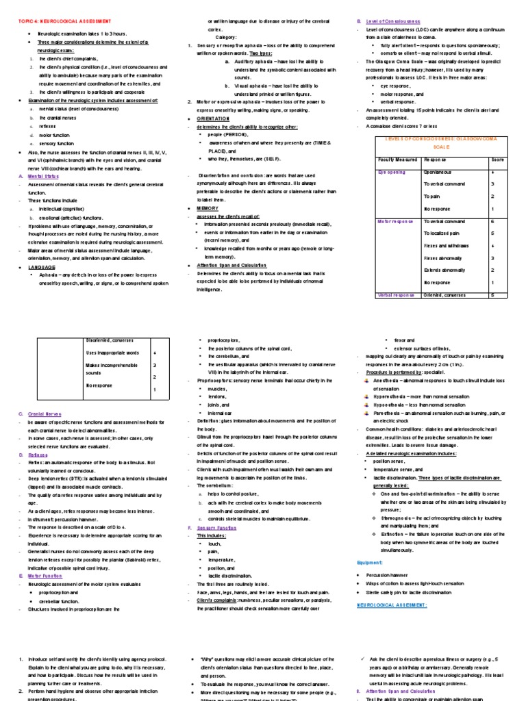 Neurological Assessment Guide | PDF | Somatosensory System | Coma