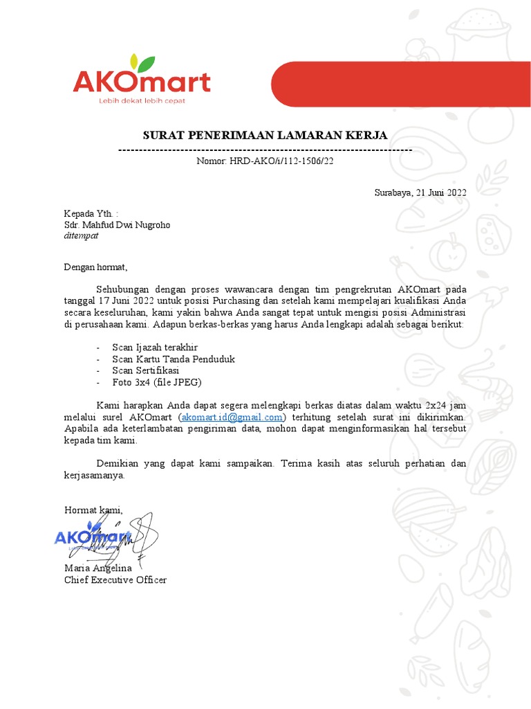 Surat Penerimaan Lamaran Kerja | PDF