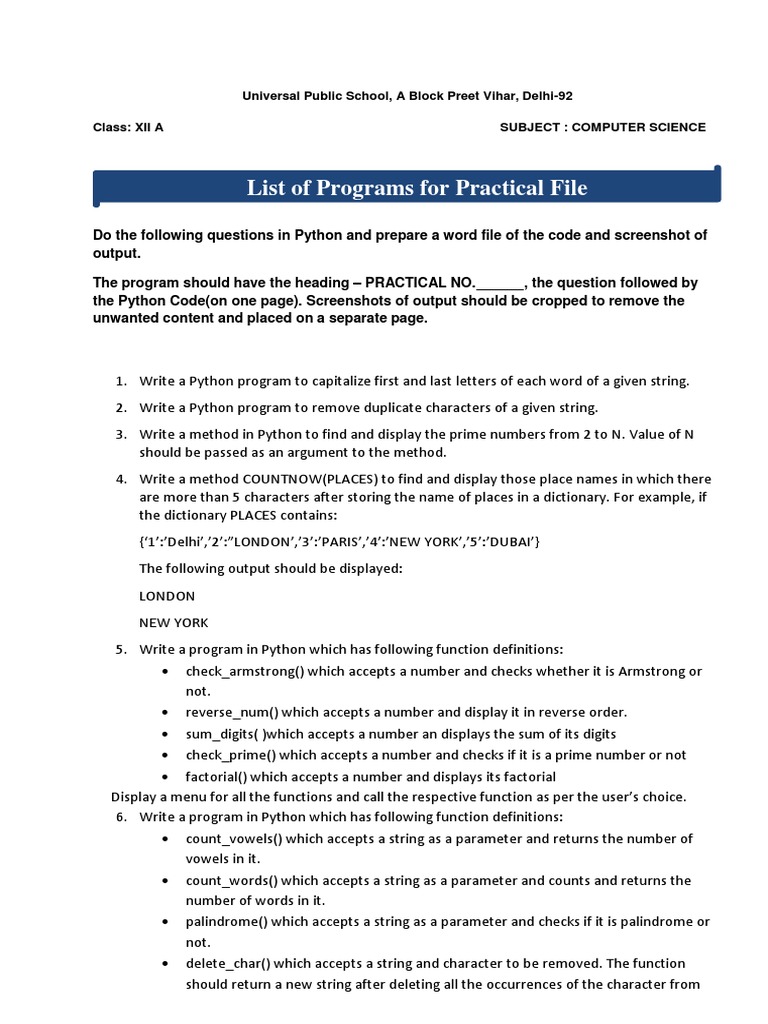 Practical File Questions XIIA | PDF | Parameter (Computer Programming) | Subroutine
