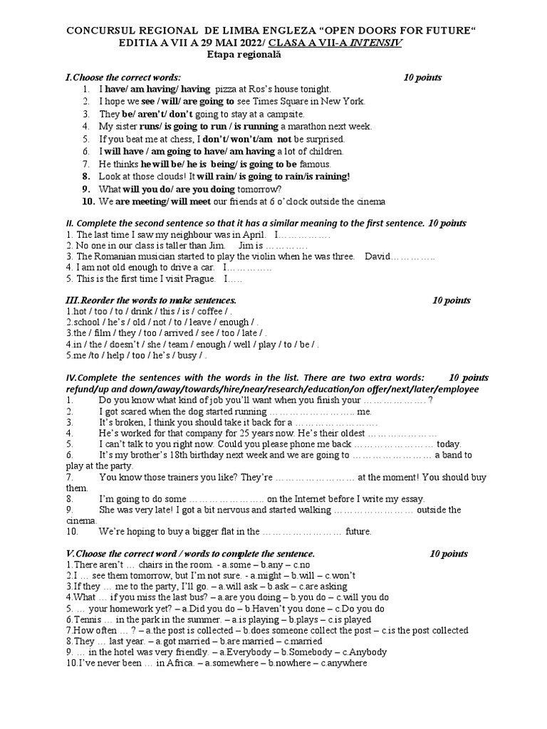 Test Gramatica Clasa A Vii A Pdf Grammar Linguistics