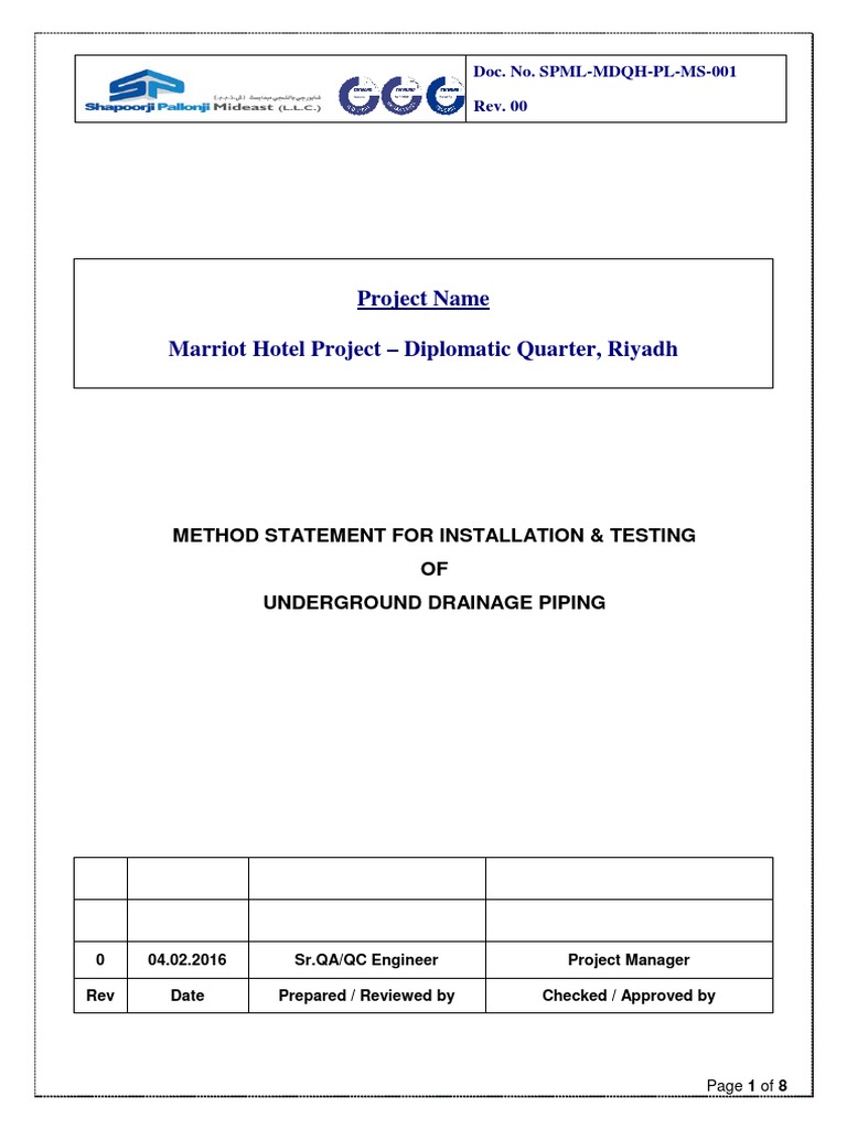 Method Statement For Installation And Testing Of Underground Drainage