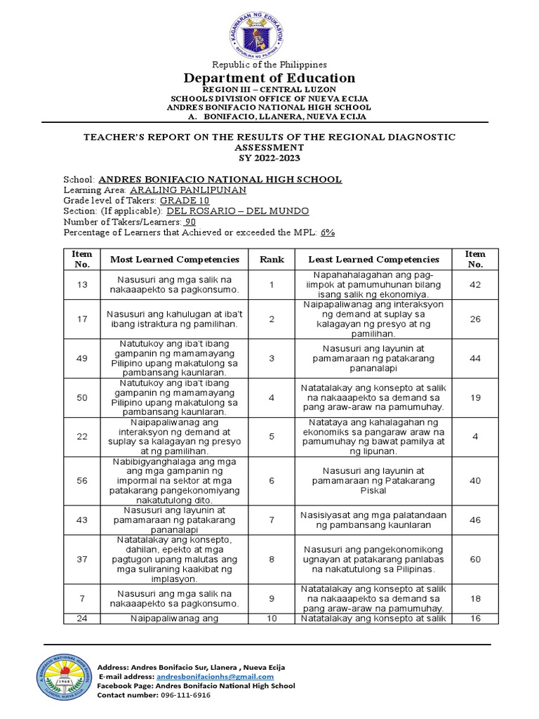 Teacher's Report On The Results of The Regional Diagnostic Assessment ...