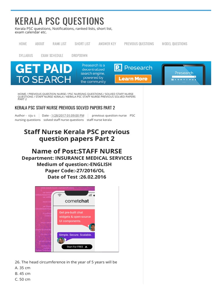 Kerala PSC Staff Nurse Exam Papers | PDF | Medical Specialties | Health ...