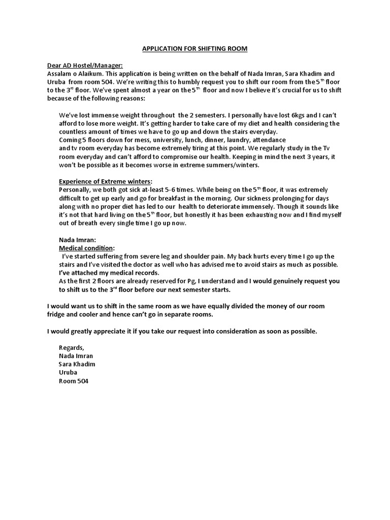 Application for shifting room to 3rd floor due to health issues | PDF