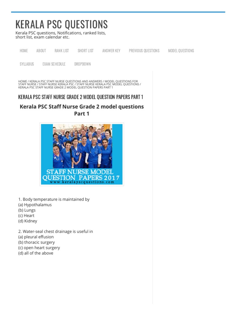 A Kerala PSC Staff Nurse Grade 2 Model Question Papers Part 1 - Kerala PSC Questions | PDF ...