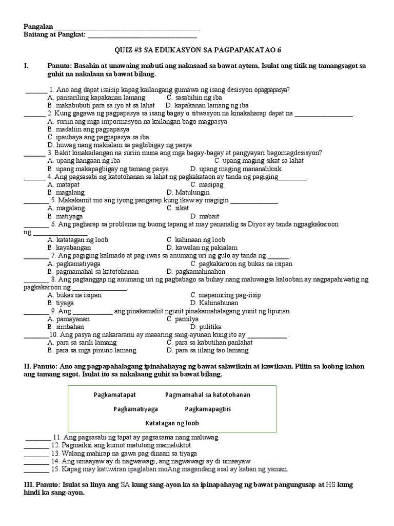 Summative Test in ESP 6 Quarter 1 | PDF