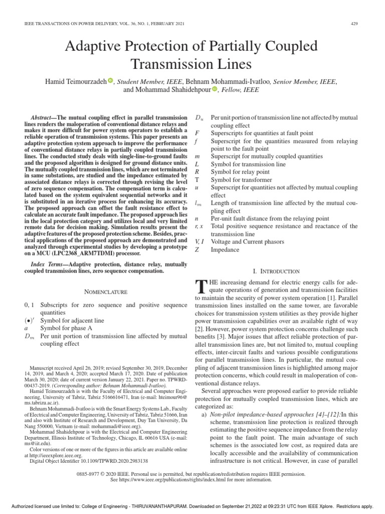 2.adaptive Protection of Partially Coupled Transmission Lines | PDF ...