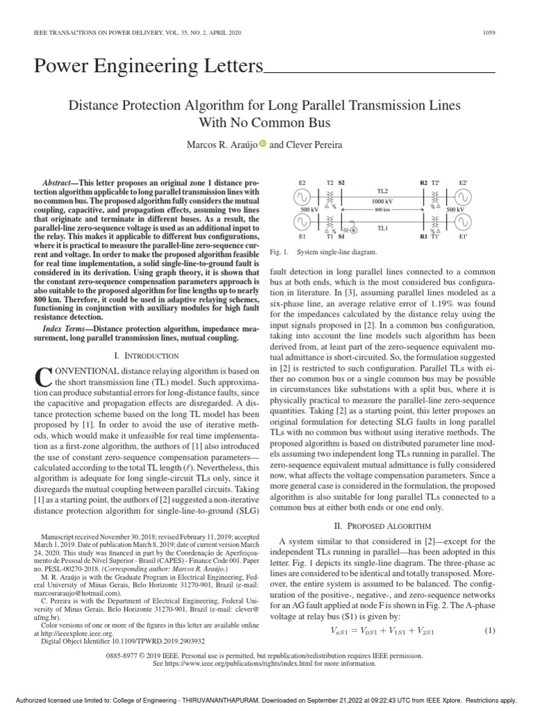 4.distance Protection Algorithm For Long Parallel Transmission Lines With No Common Bus ...
