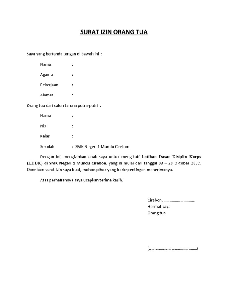 Surat Izin Orang Tua LDDK | PDF