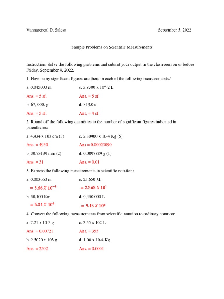 Answer On Sample Problems On Scientific Measurements | PDF ...