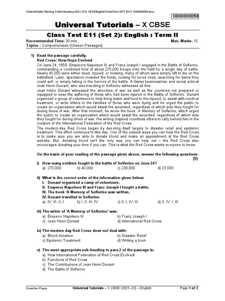 Universal Tutorials - X CBSE: Class Test E11 (Set 2) : English: Term II ...