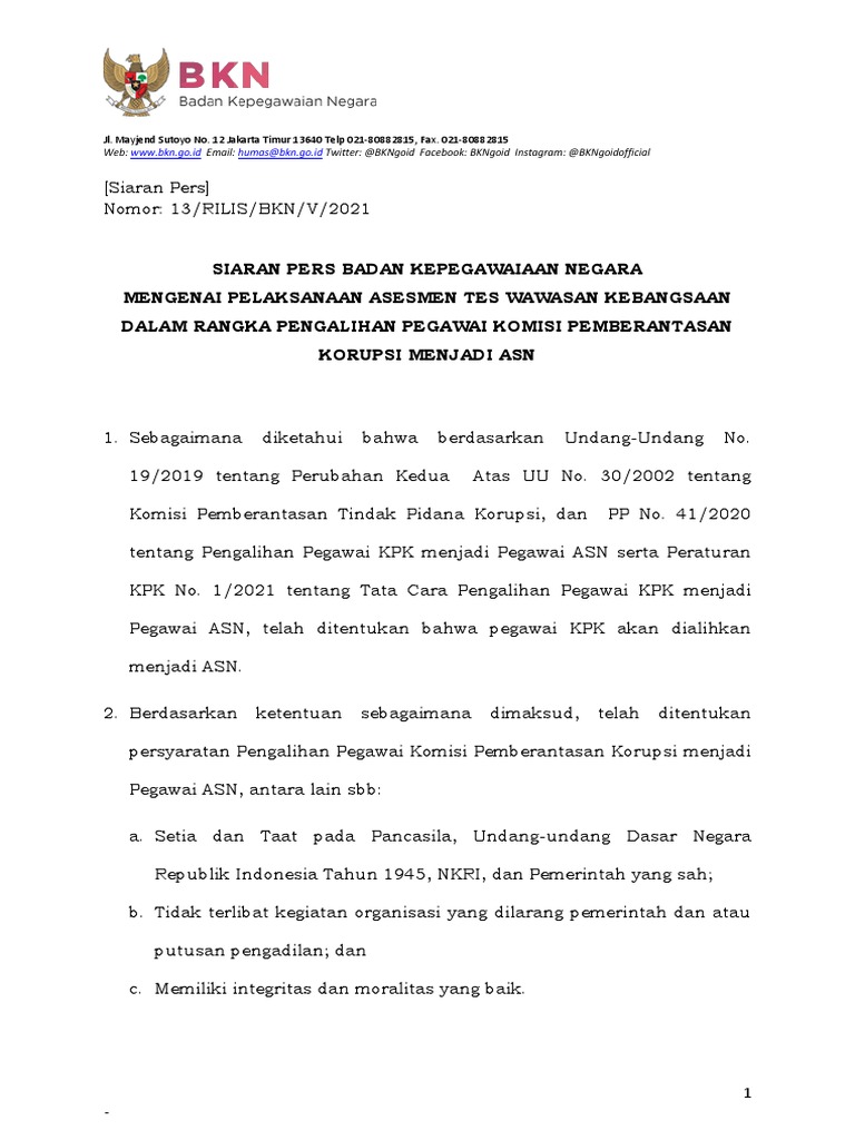 Press Release TTG Asesmen TWK Pegawai KPK 1 | PDF