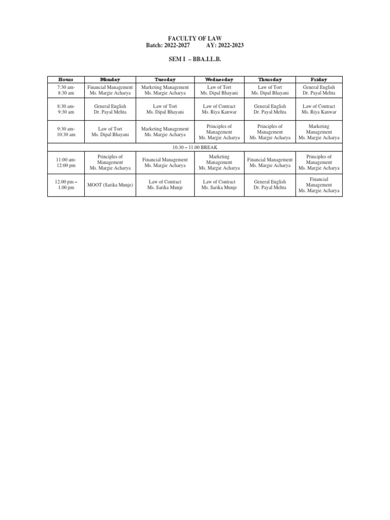 Time Table - Bba LLB Hons. - Sem 1 | PDF