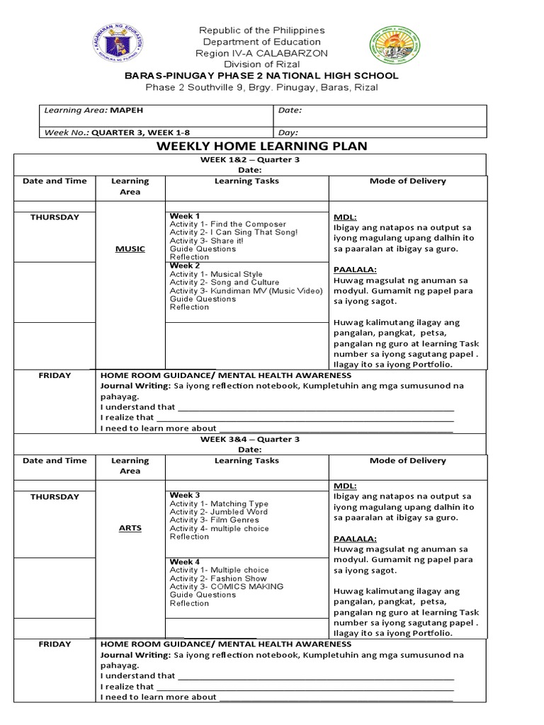 WHLP Template Mapeh 10 | PDF