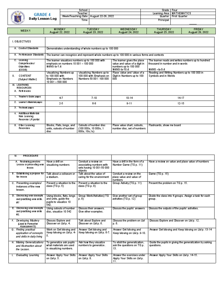 Grade-4 DLL Sy 2022-2023 Week 1 | PDF | Learning | Foods