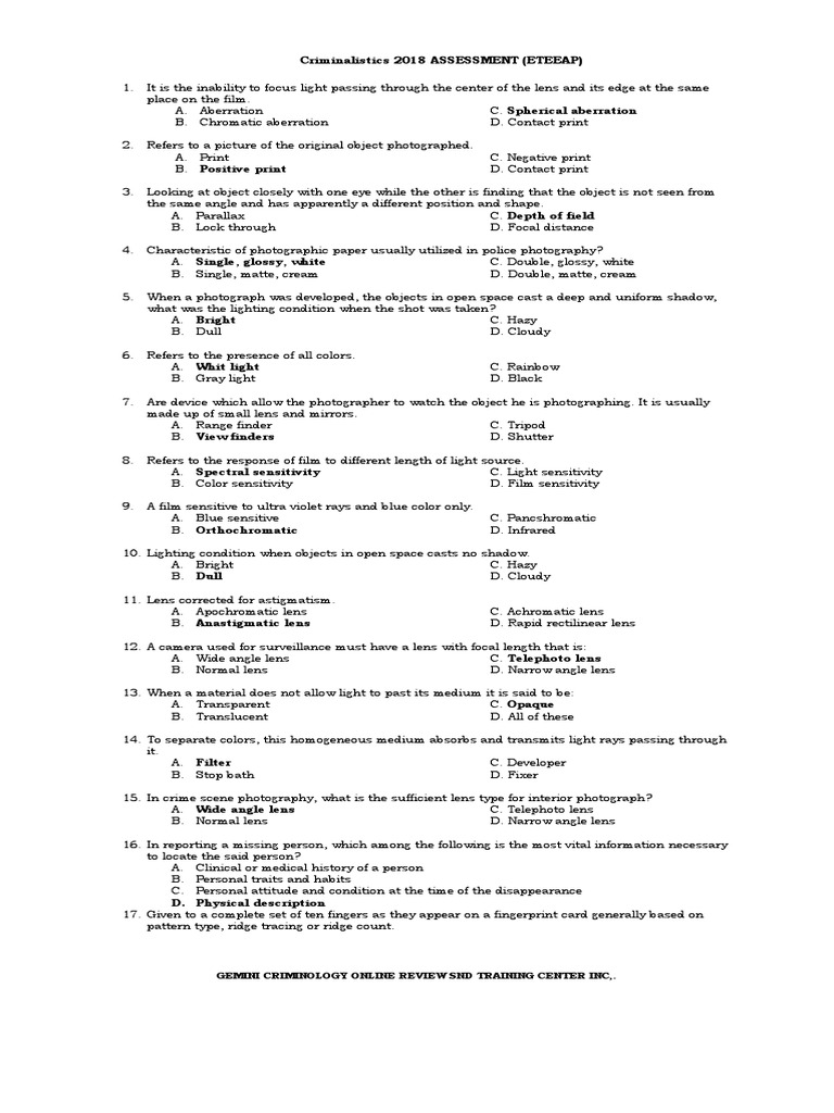 Criminalistics Assessment Questions 2018 | PDF | Ballistics | Bullet