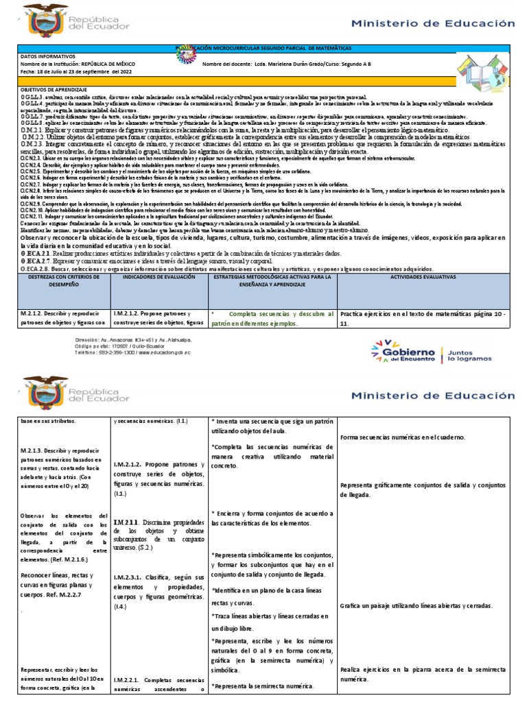 Segundo Año Plan Microcurricular Segundo Bloque-1 | PDF | Sustracción | Aprendizaje
