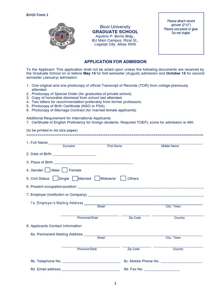 BU-F-GS-1 Application For Admission - Edited Ver2022-06-28 | PDF ...