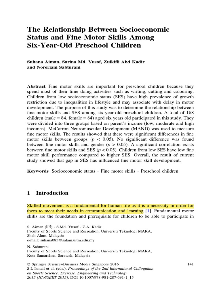 The Relationship Between Socioeconomic Status and Fine Motor Skills Among 6 Years Old Preschool ...