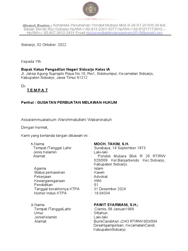 Gugatan PMH Klien Bu Samiatie 021022 A SIP I | PDF | Politik | Ilmu Sosial