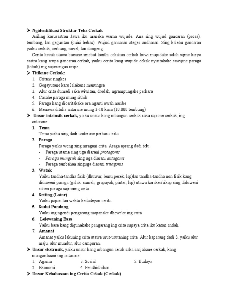 Unsur dan Struktur Cerkak Jawa | PDF | Kajian Bahasa Asing | Fiksi Umum