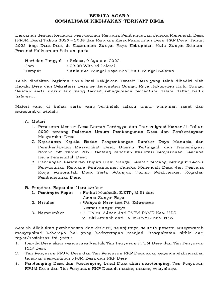 Berita Acara RPJM Des | PDF