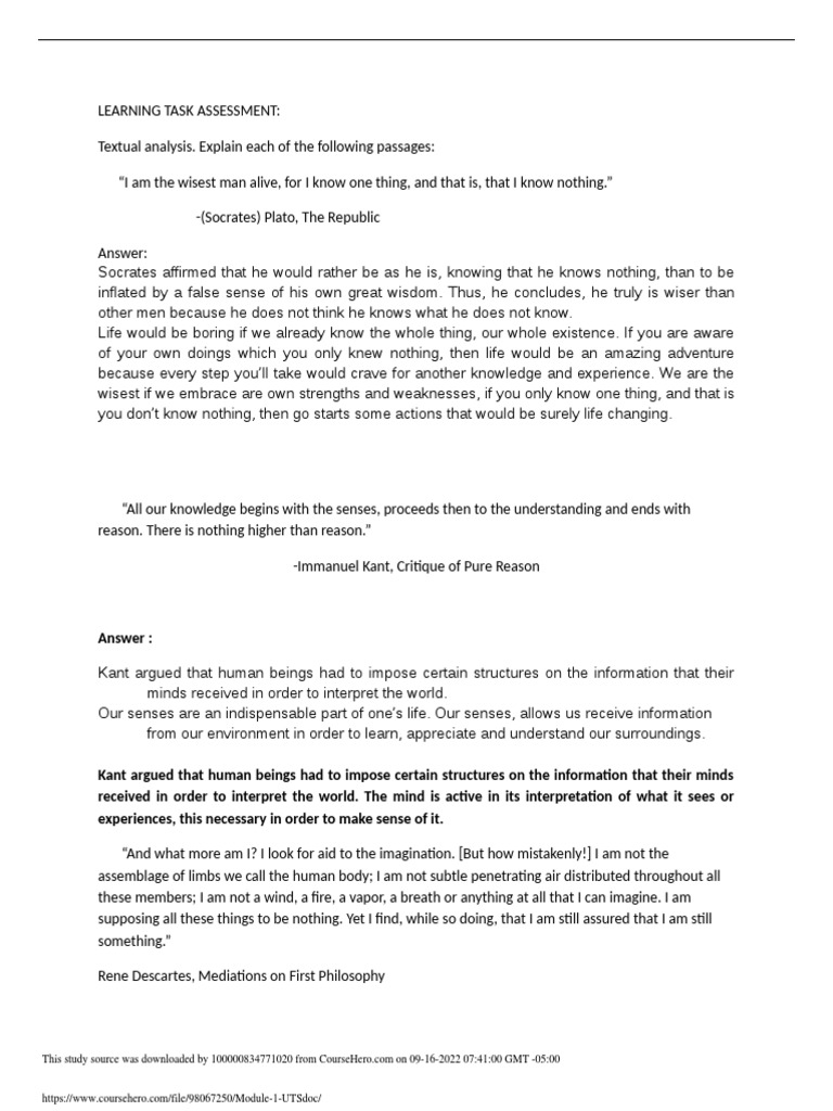 Module 1 UTS | PDF | Reason | Philosophy Of Self