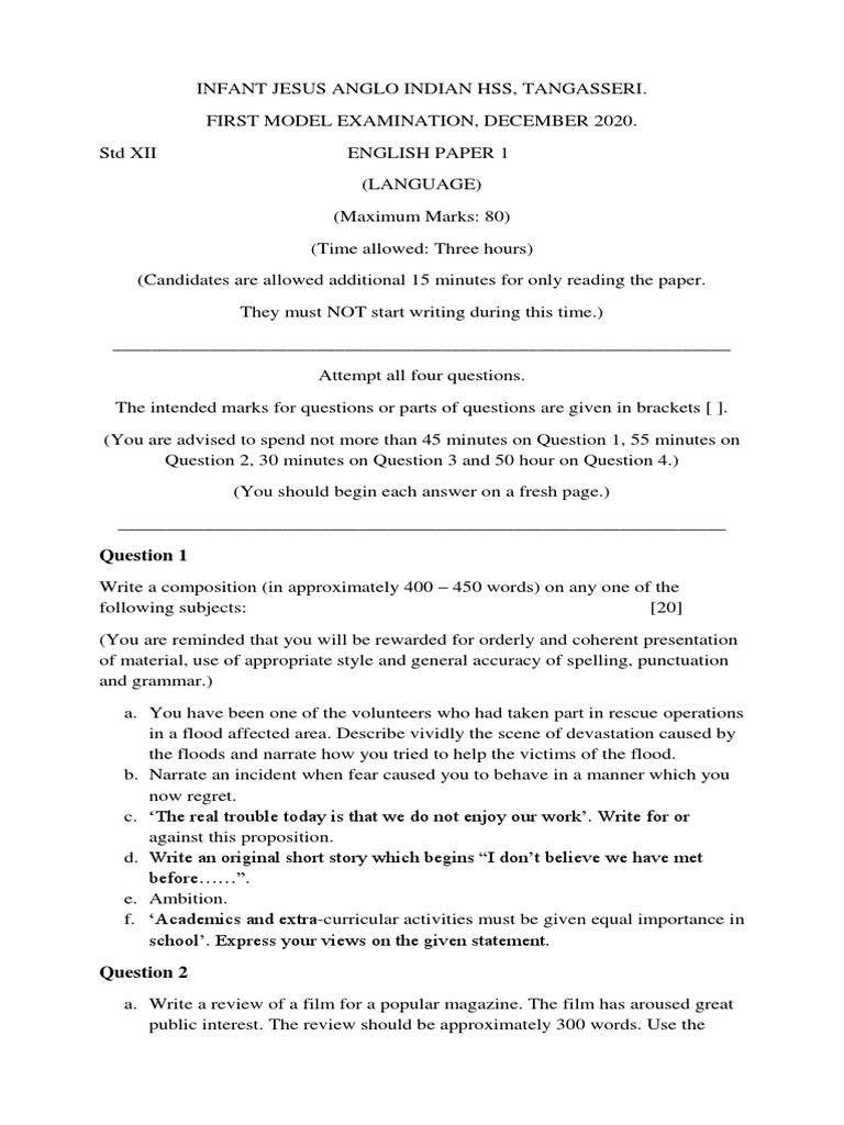 ENGLISH PAPER 1 First Model XII - 2020 | PDF