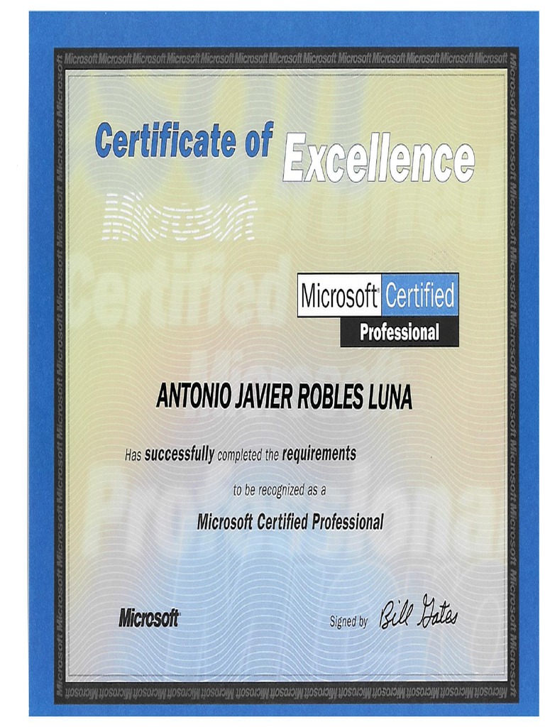 Microsoft - MCP MCID 2642289 - Certificate of Excellence | PDF