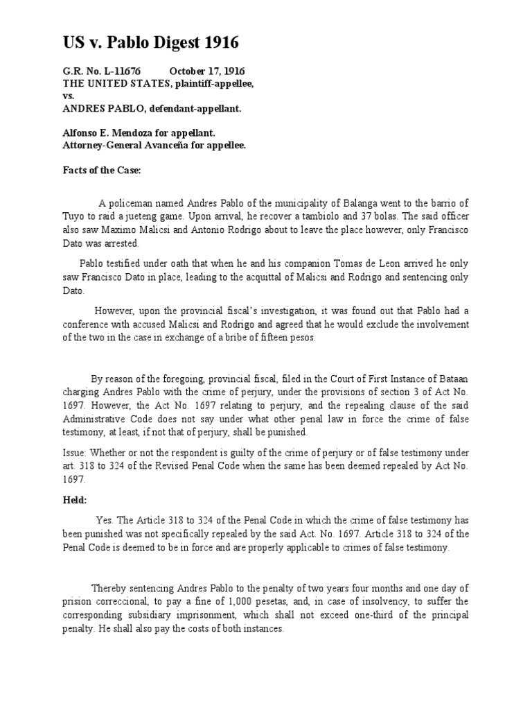 Digest - U.S. v. Pablo, 35 Phil. 94 (1916) | PDF | Social Science
