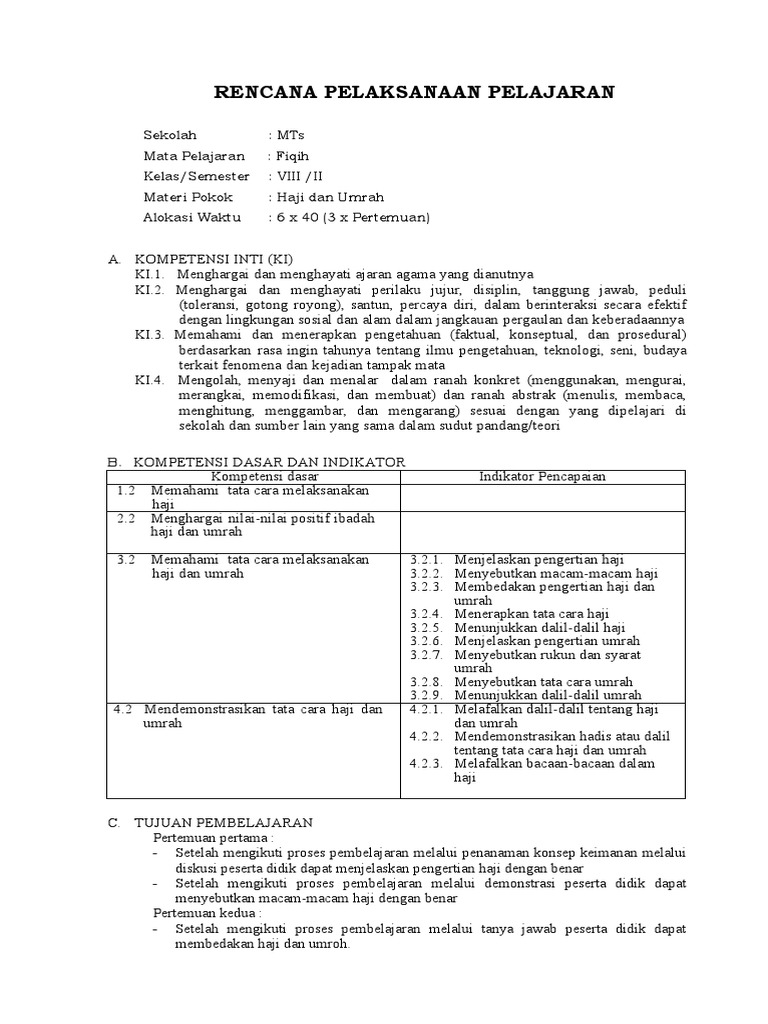 RPP Fikih 8 - Haji Dan Umrah - Kamimadrasah | PDF