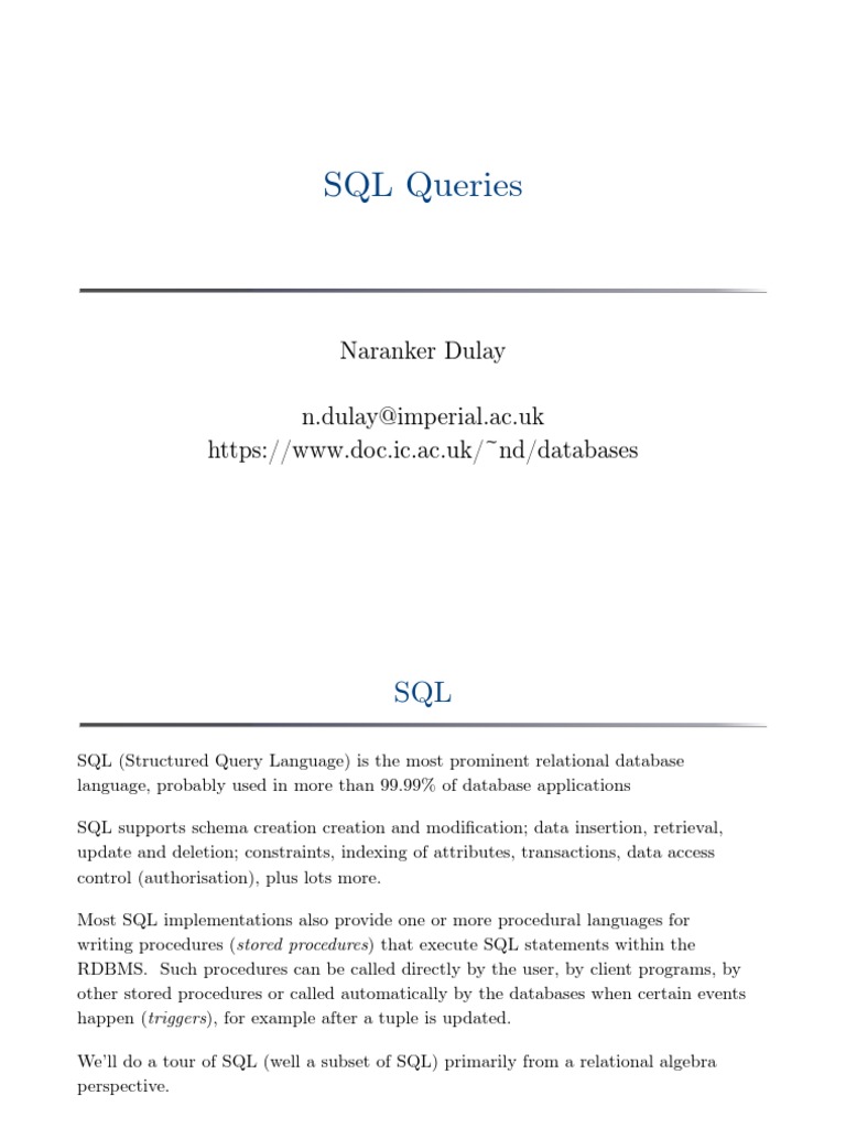 Imperial College London - SQL Queries Lecture | PDF | Relational Database | Relational Model