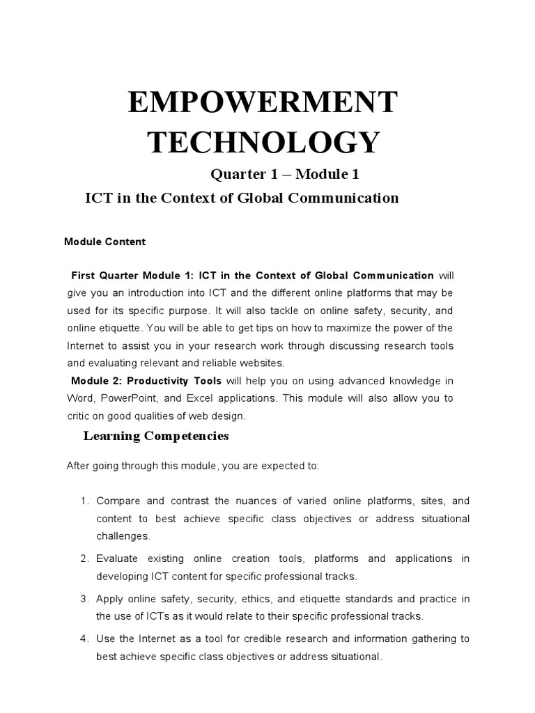 Empowerment Technology SHS - Q1 - Mod1 - ICT in The Context of Global Communication PDF | PDF ...