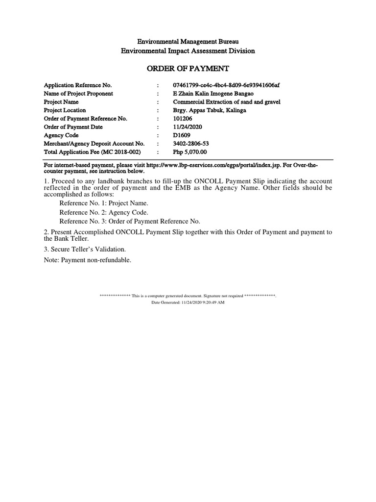 Order of Payment: Environmental Impact Assessment Division | PDF