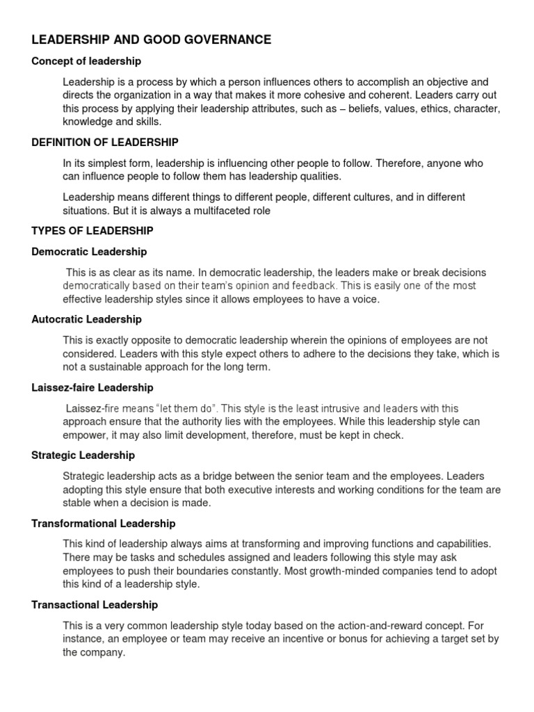 Leadership and Good Governance Principles | PDF | Leadership | Good ...