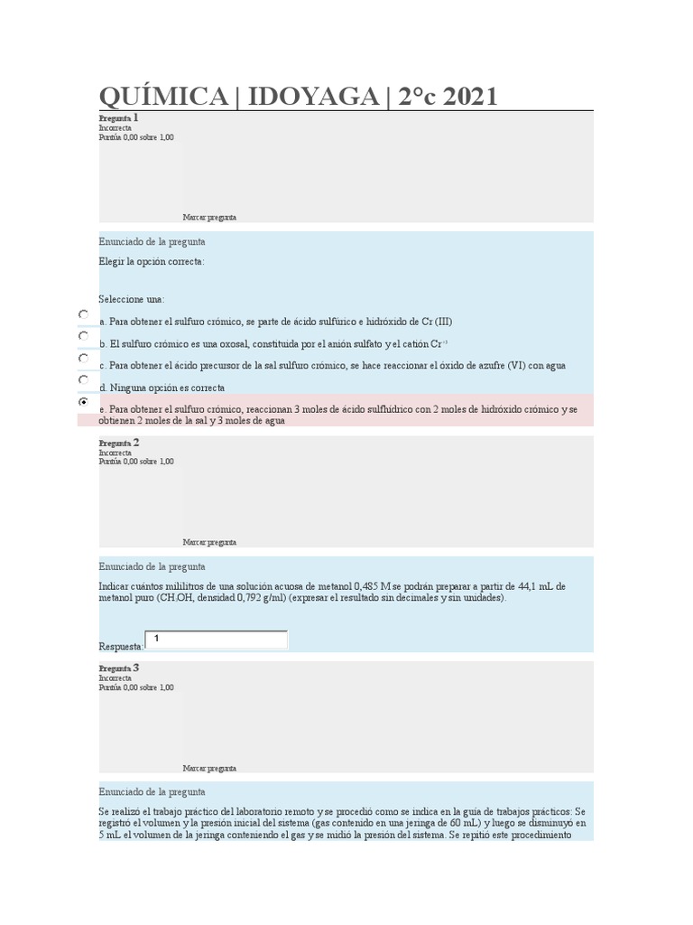 Química - Idoyaga - 2°C 2021: Enunciado de La Pregunta | PDF | Gases | Agua
