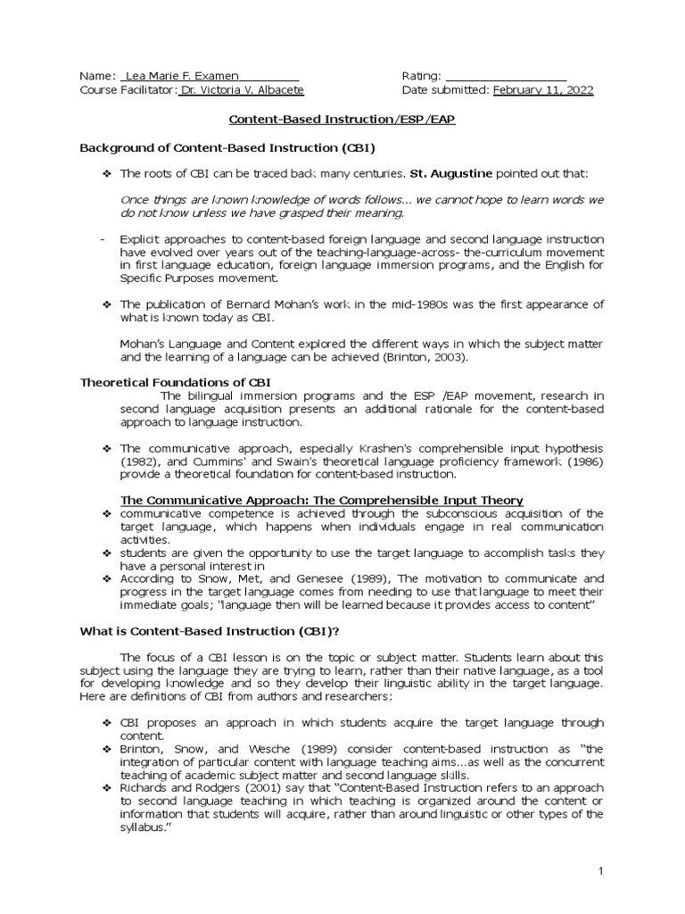 Handout - Content-Based Instruction | PDF | Teaching Method | English ...