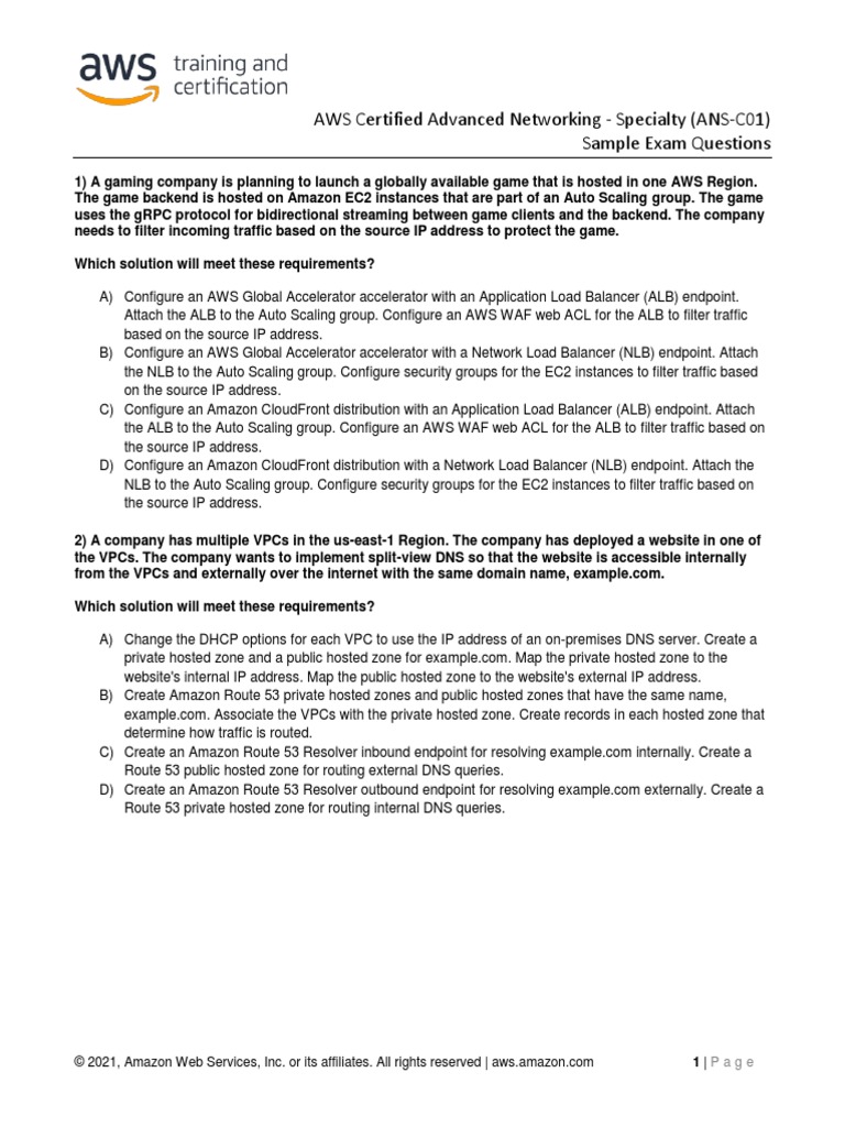 AWS Certified Advanced Networking Specialty - Sample Questions c01 | PDF | Domain Name System ...