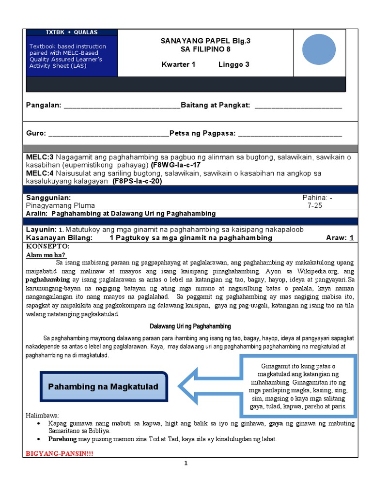 LAS Q1 Filipino8 W3 | PDF