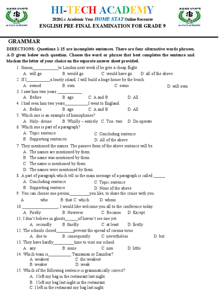 Grammar: English Pre-Final Examination For Grade 9 | PDF | Castle ...