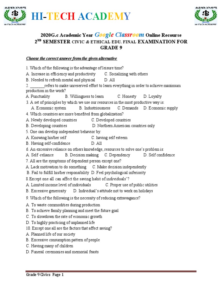 Grade 9 Civic & Ethical Exam Guide | PDF | Self Esteem | Economies
