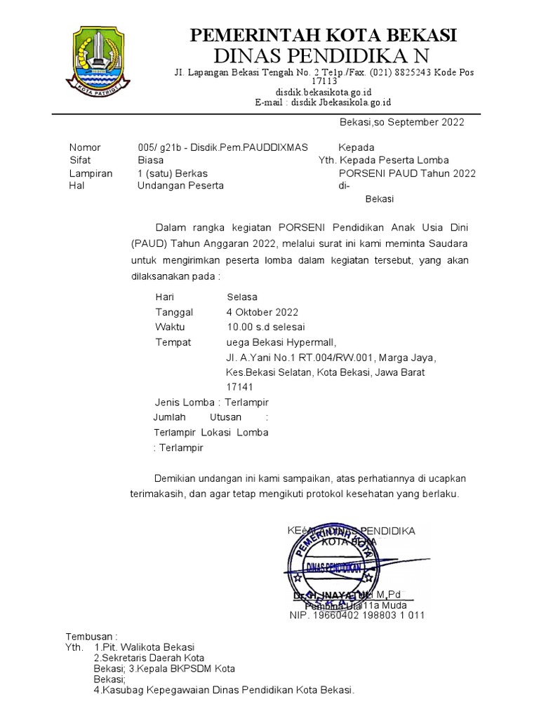 Undangan Peserta PORSENI PAUD 2022 | PDF