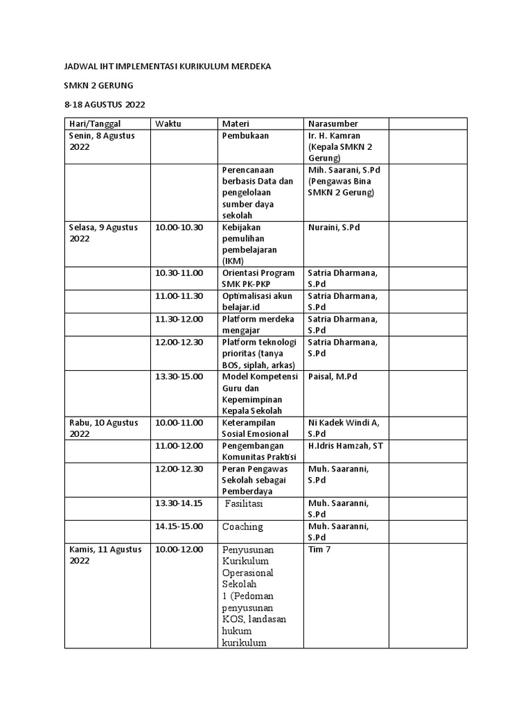 Jadwal Iht Implementasi Kurikulum Merdeka | PDF