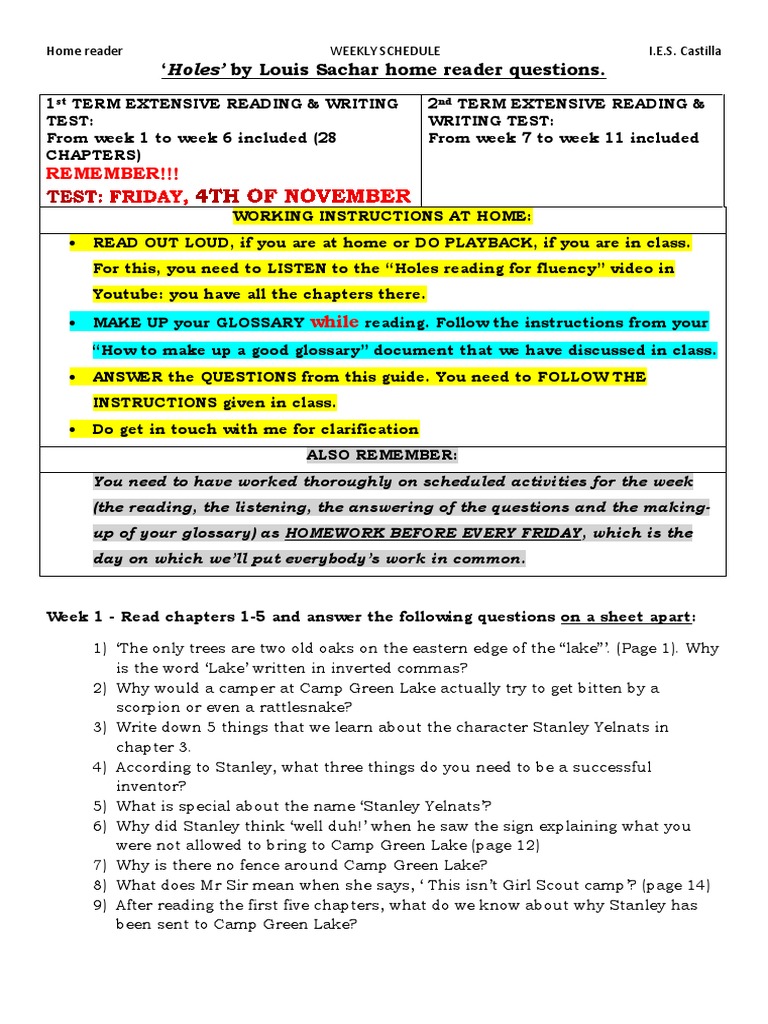 Holes Home Reader Study Guide | PDF | Language Arts & Discipline