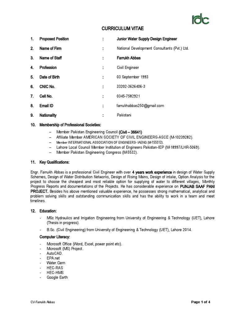 Farrukh CV - NDC - Water Supply | PDF | Engineering | Lahore