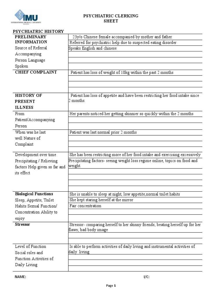 Clerking Sheet 1 | Download Free PDF | Mental Disorder | Abnormal ...